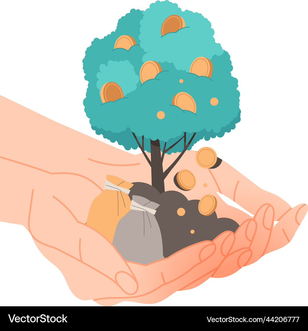 Human hands holding soil with growing money tree Vector Image