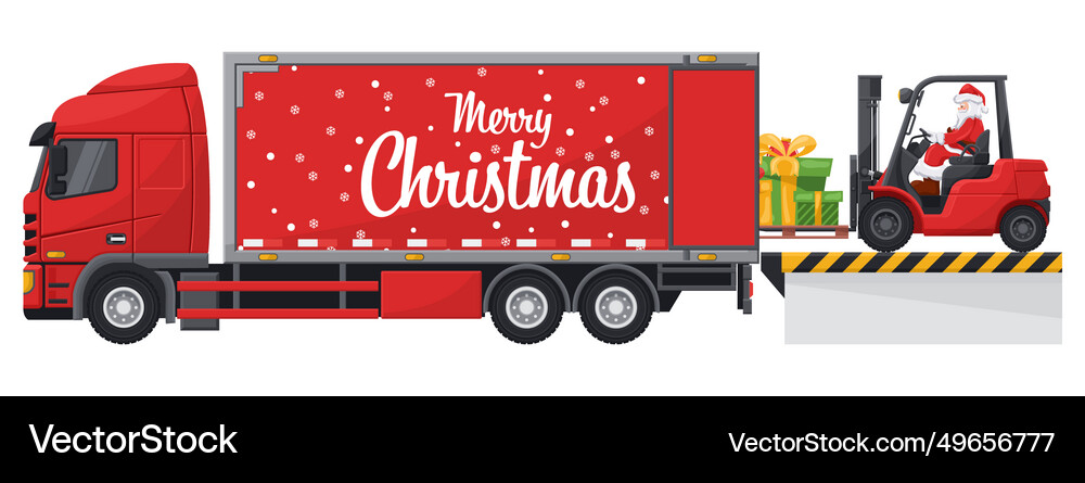Santa claus driving a forklift loading gifts Vector Image