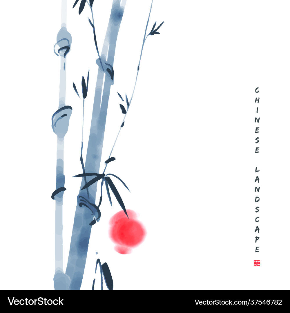 Chinese ink painted background with bamboo and sun