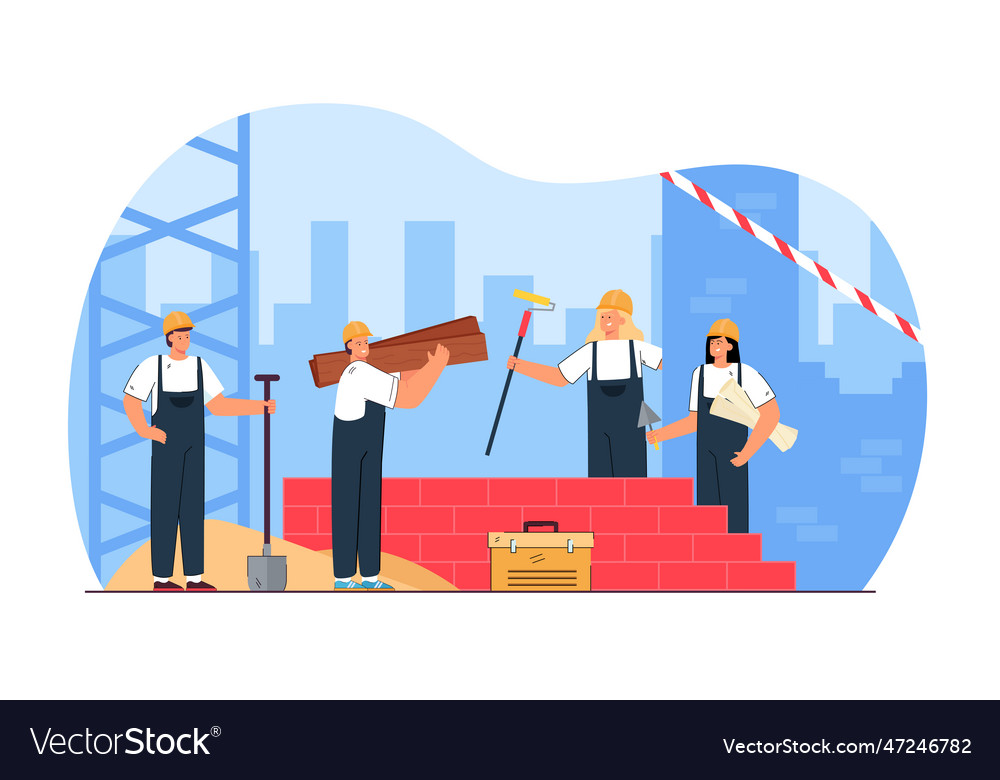Young cartoon people constructing brick building Vector Image Young cartoon people constructing brick building Vector Image