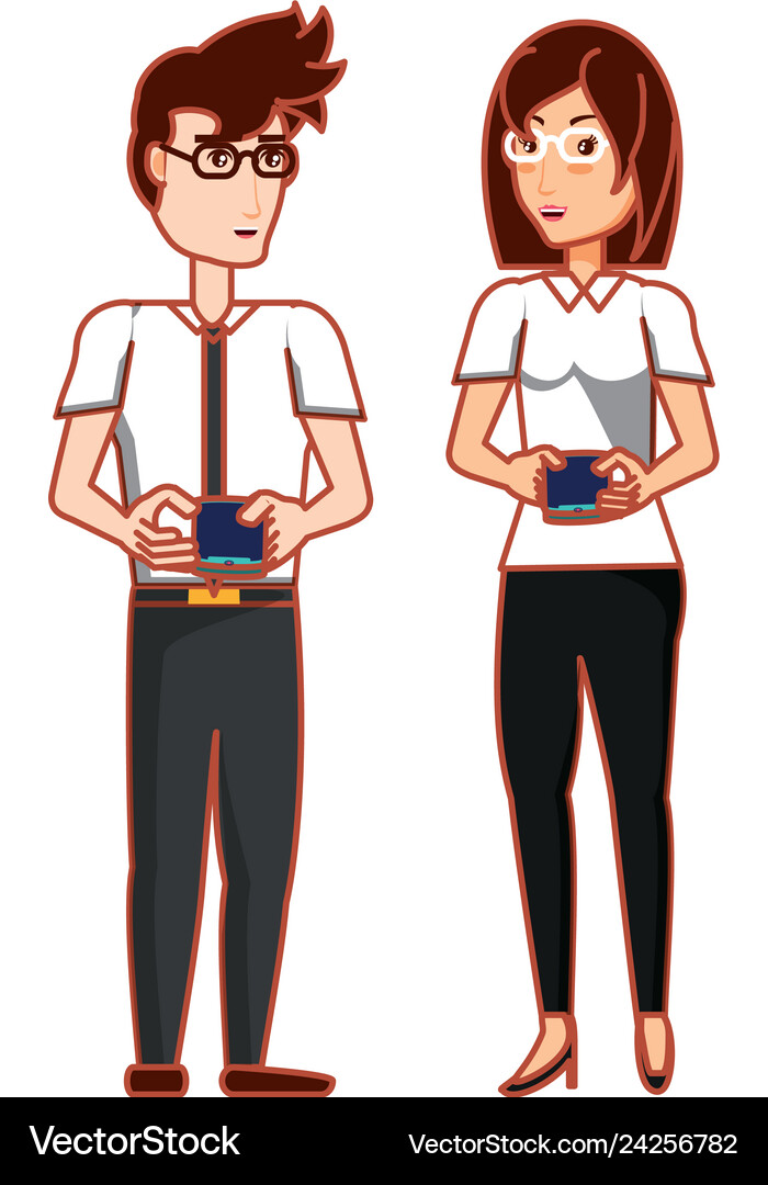 Young couple with smartphones devices Royalty Free Vector