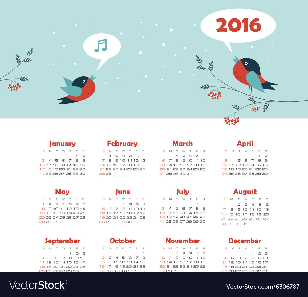 Calendar for 2016 with bird week starts sunday Vector Image