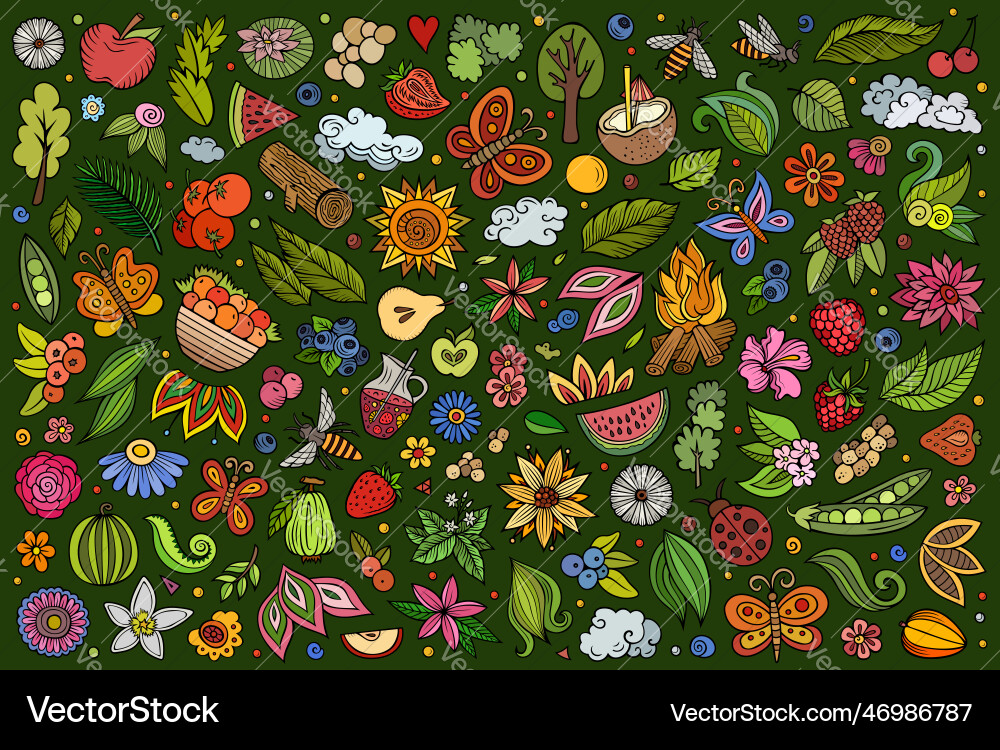 Doodle cartoon set of summer nature theme objects Vector Image
