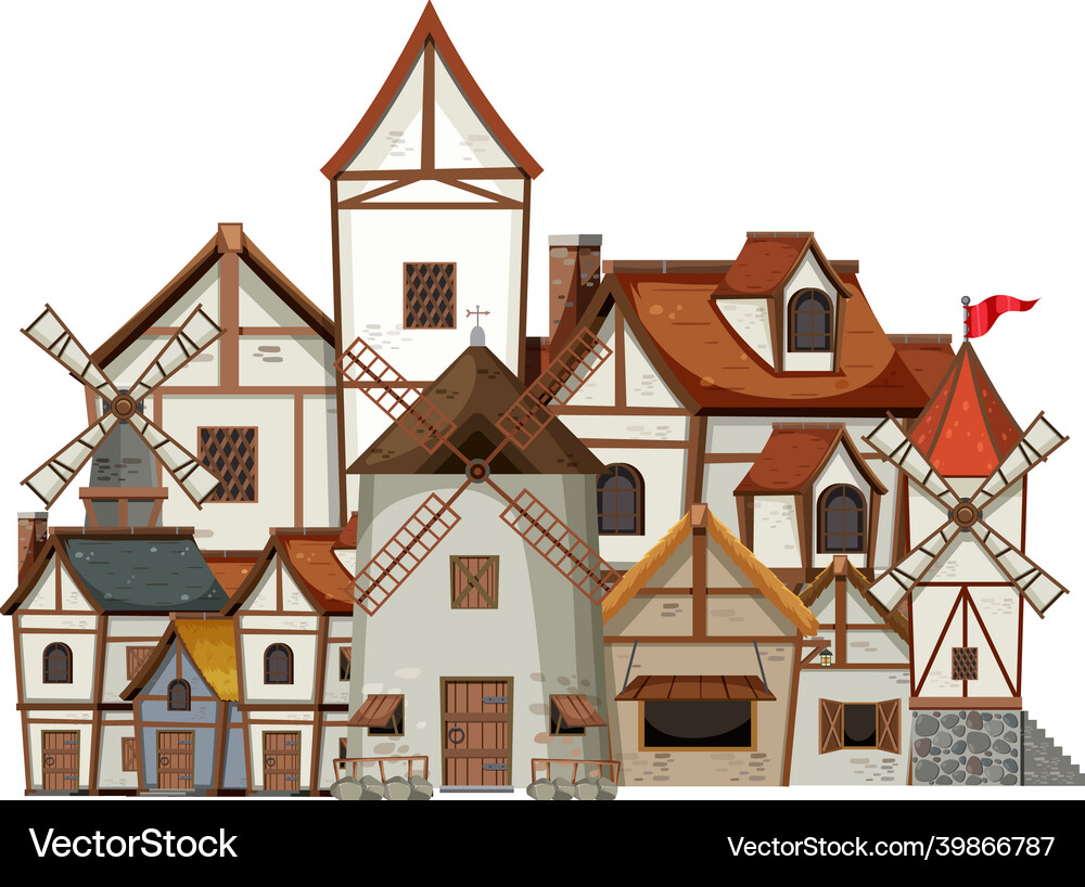 Medieval village scene on white background Vector Image