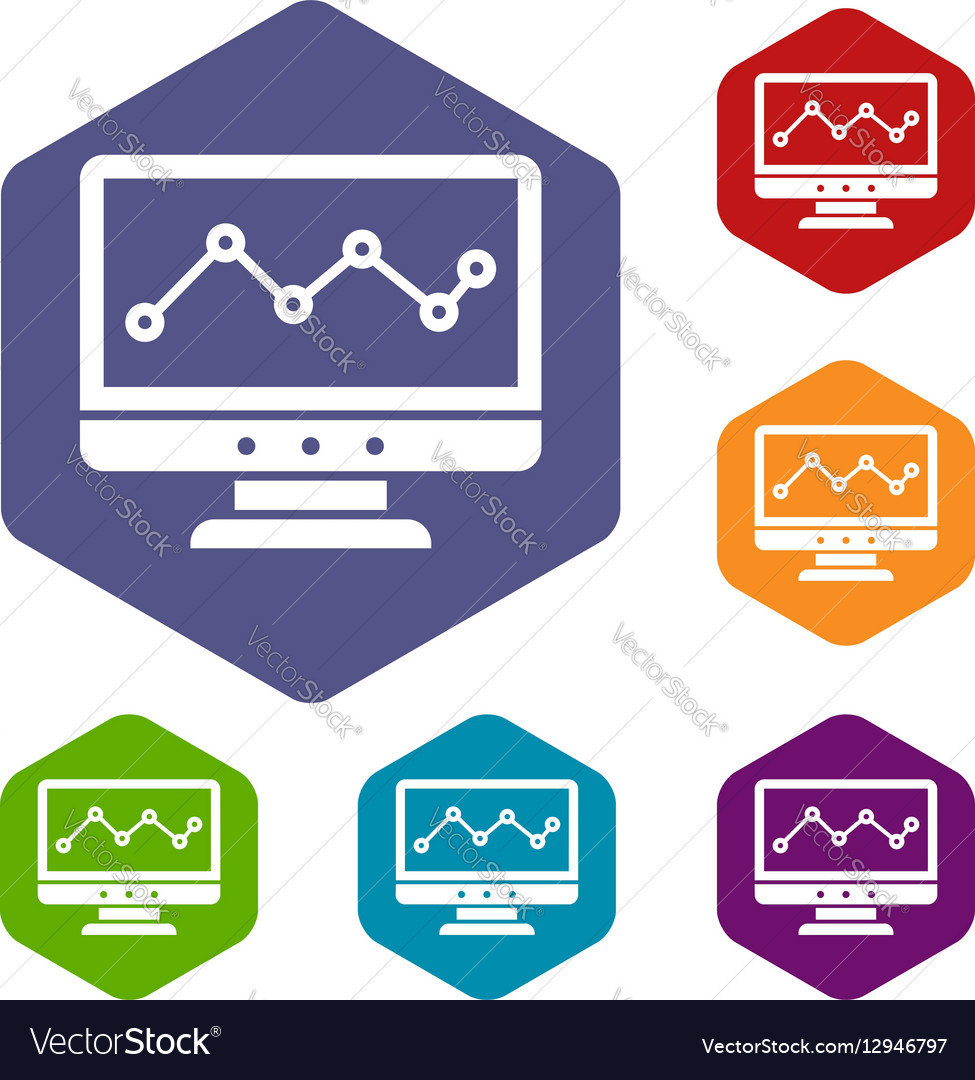 Graph in computer screen icons set Royalty Free Vector Image