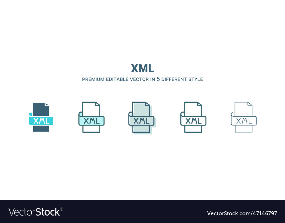 Xml icon in 5 different style outline filled two Vector Image