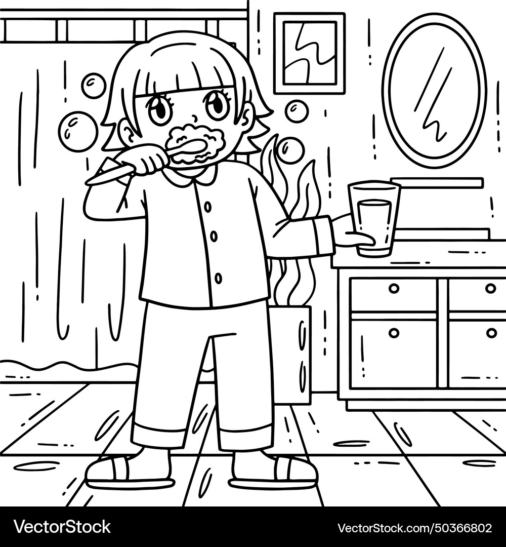 Dental care child brushing teeth coloring page Vector Image