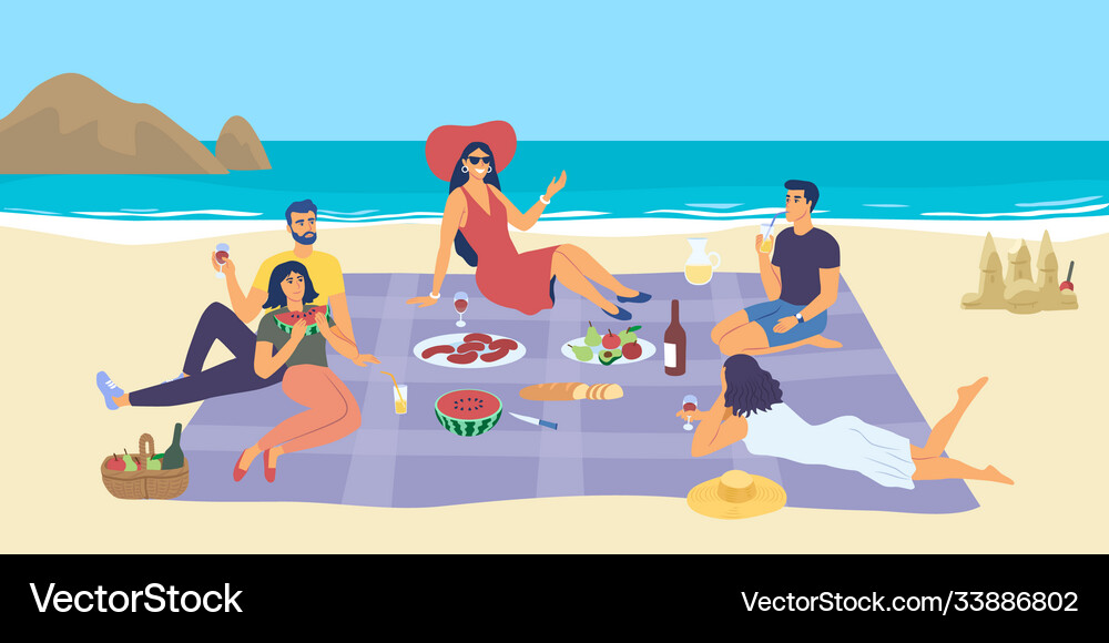 People enjoying a summer picnic at seaside Vector Image