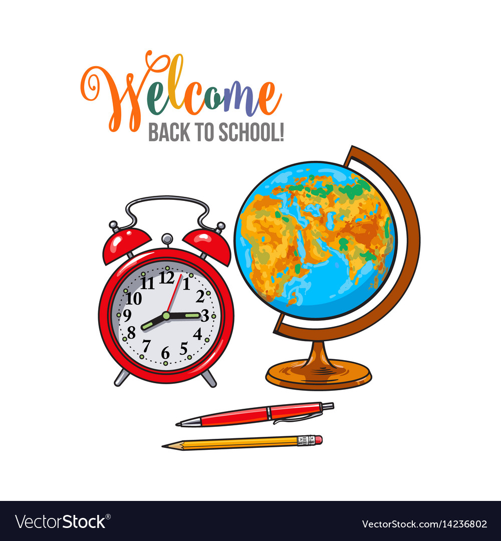 Welcome back to school poster with clock globe Vector Image