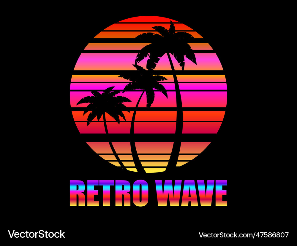 Retro waves banner with sun and palm trees Vector Image