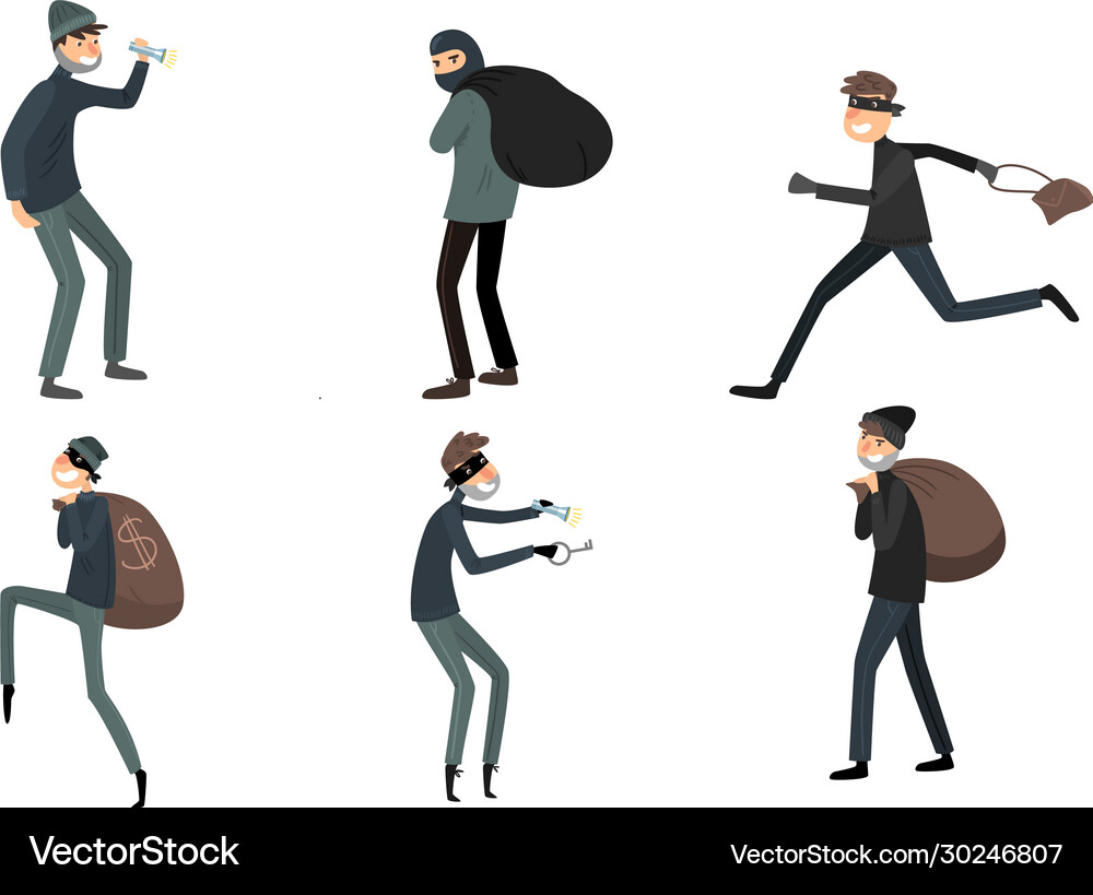 Set thieves in masks and black suits Royalty Free Vector