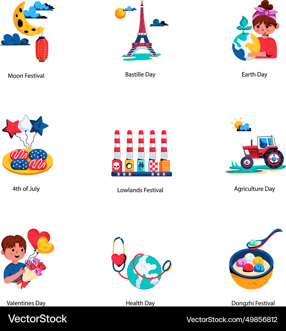 Bundle of global events flat icons Royalty Free Vector Image