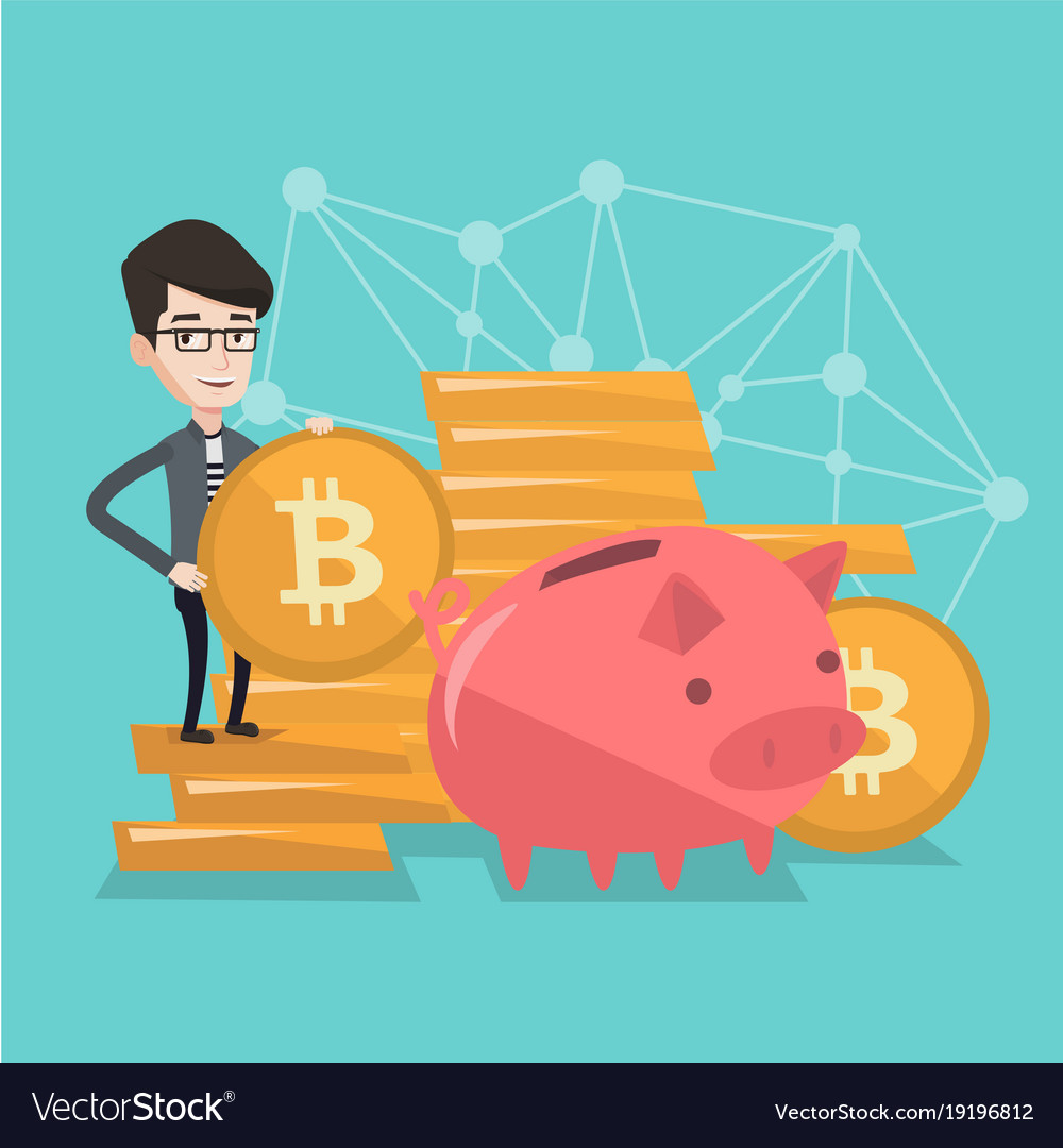 Businessman putting a bitcoin coin into piggy bank