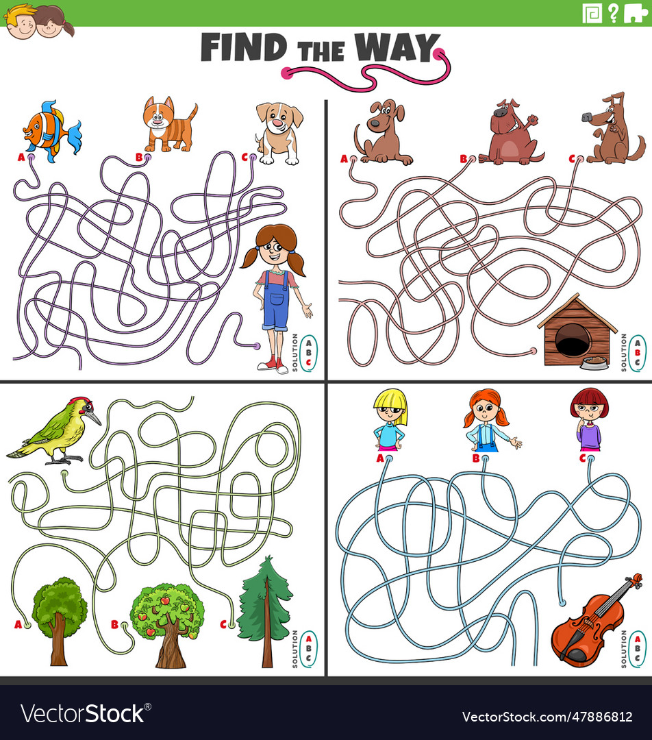 Find the way maze games set with cartoon children Vector Image