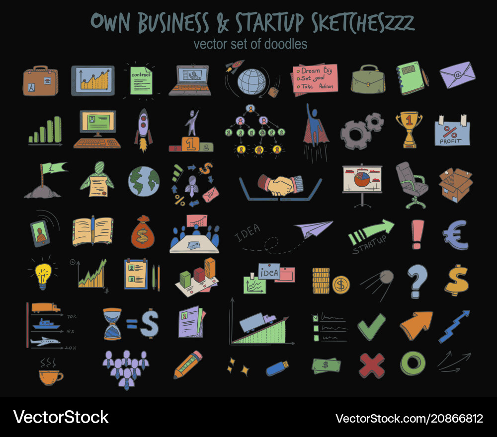 Sketch colored business startup elements set Vector Image