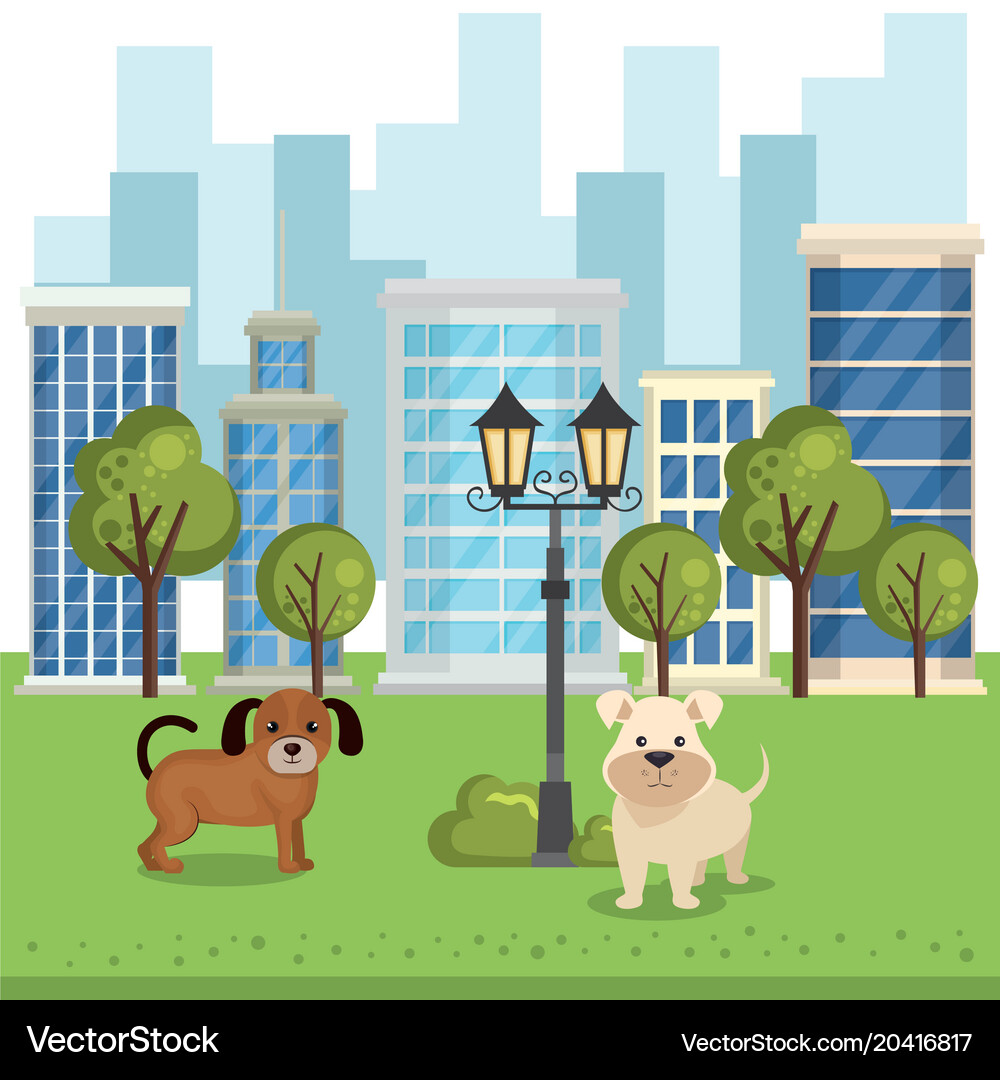 Cute dogs in park scene Royalty Free Vector Image