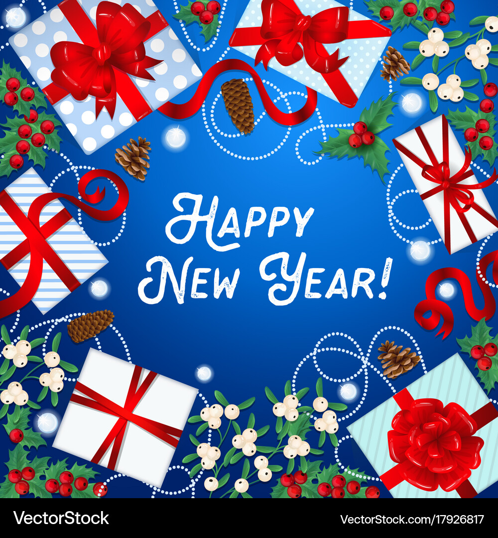 Happy new year greeting card with gift boxes Vector Image