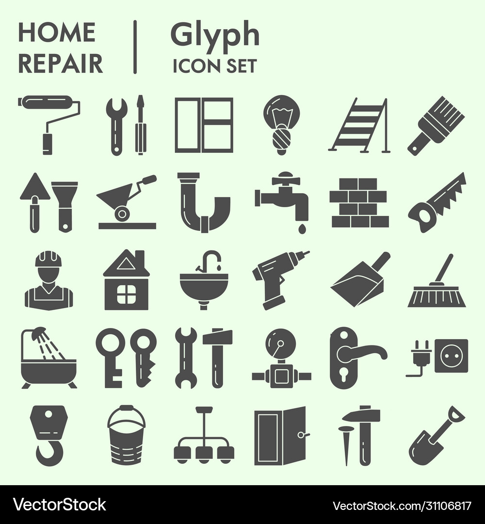 Home repair solid icon set renovation symbols Vector Image