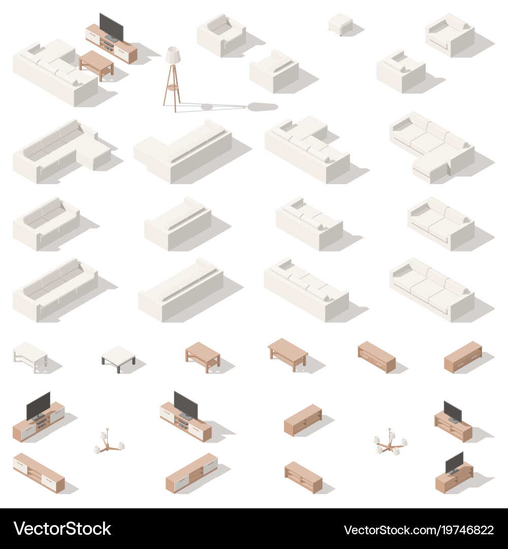 Living room low poly isometric icon set Royalty Free Vector
