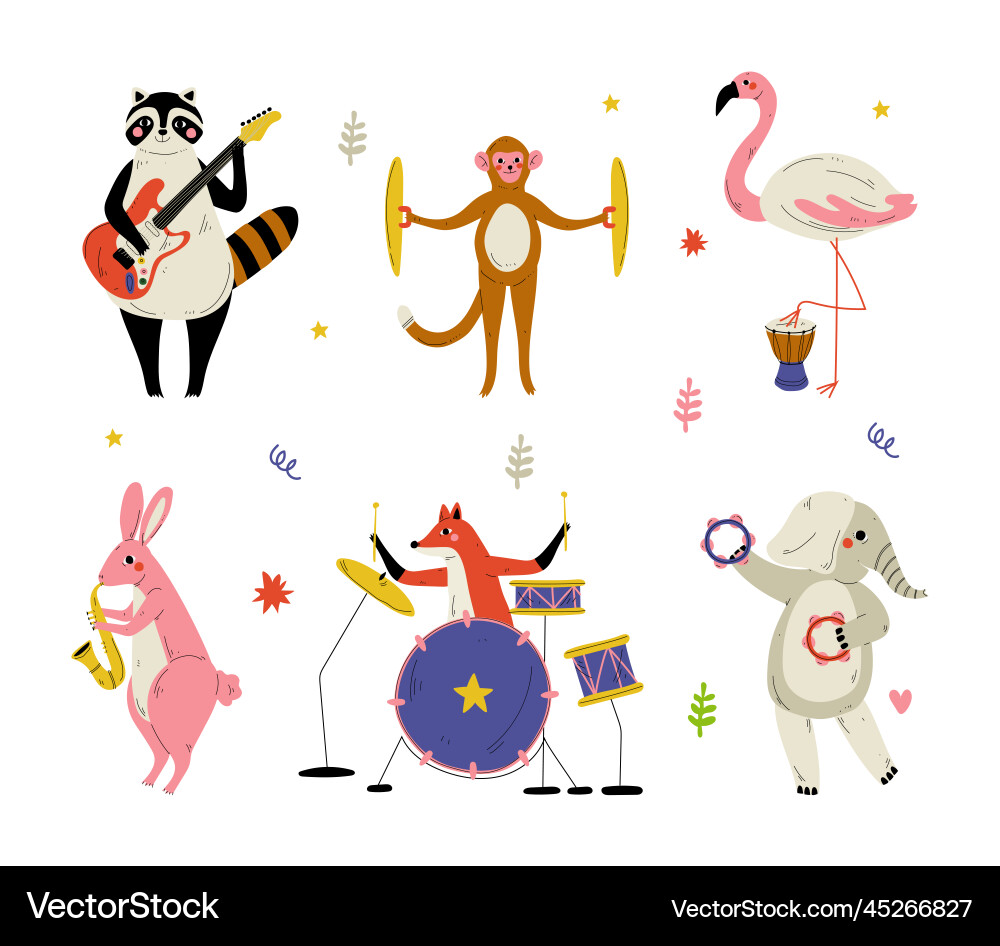 Animals playing musical instruments set raccoon Vector Image