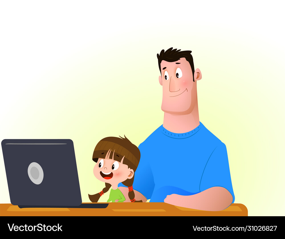 Young girl with father on computer Royalty Free Vector Image