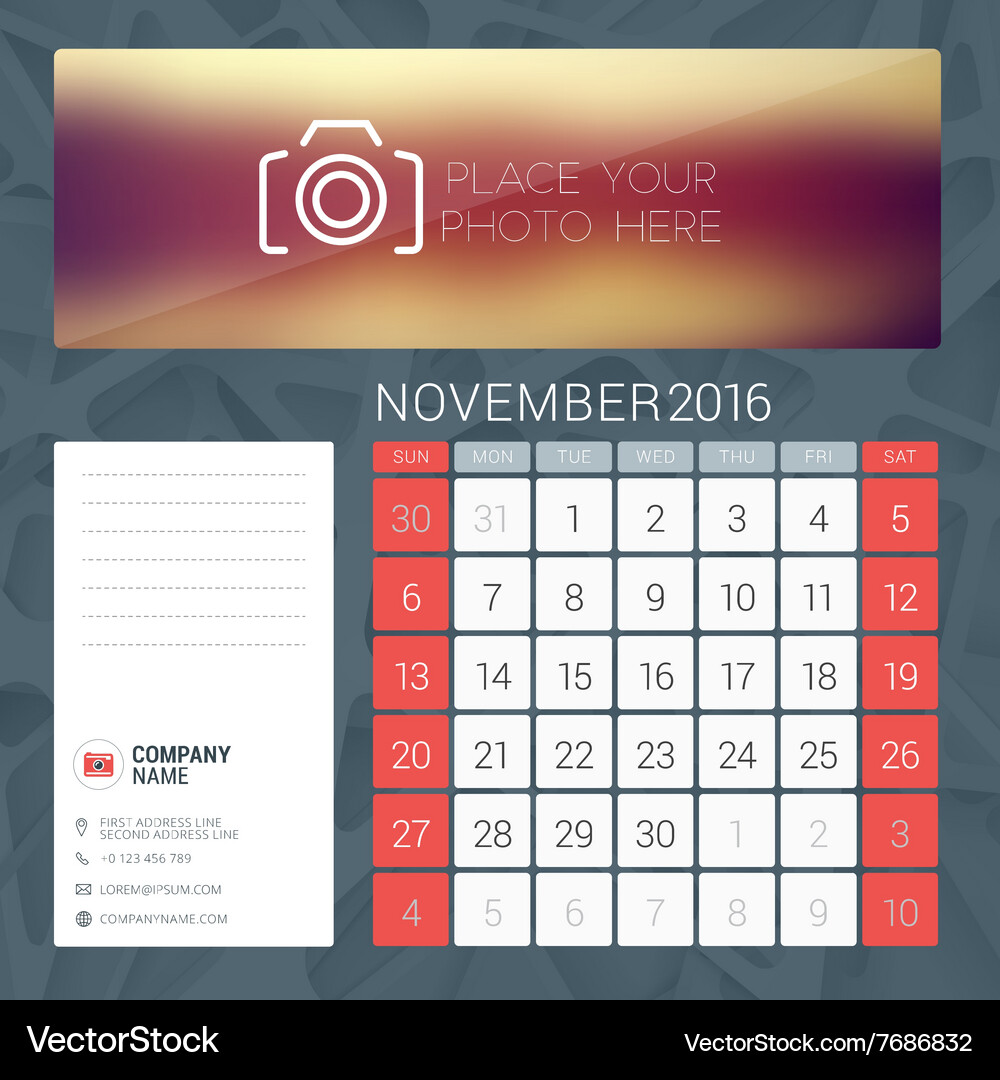 Desk calendar for 2016 year november stationery Vector Image