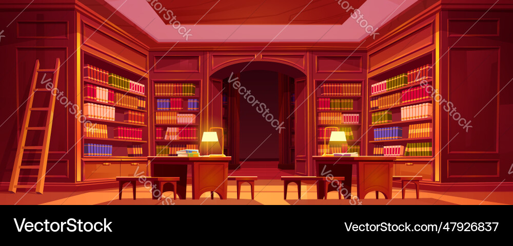 Bookshelf in library interior with table and chair