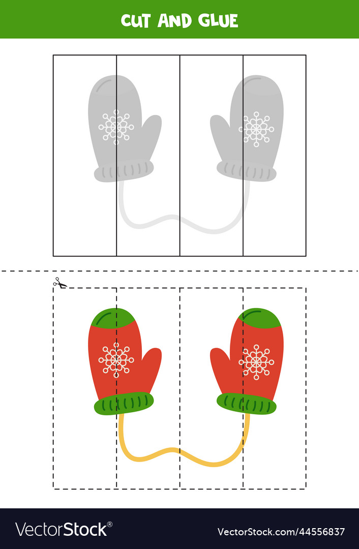 Cut and glue game for kids with winter mittens Vector Image