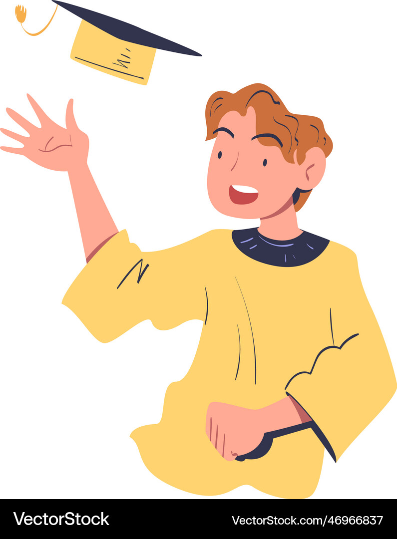 Joyful man graduate character throwing academic Vector Image