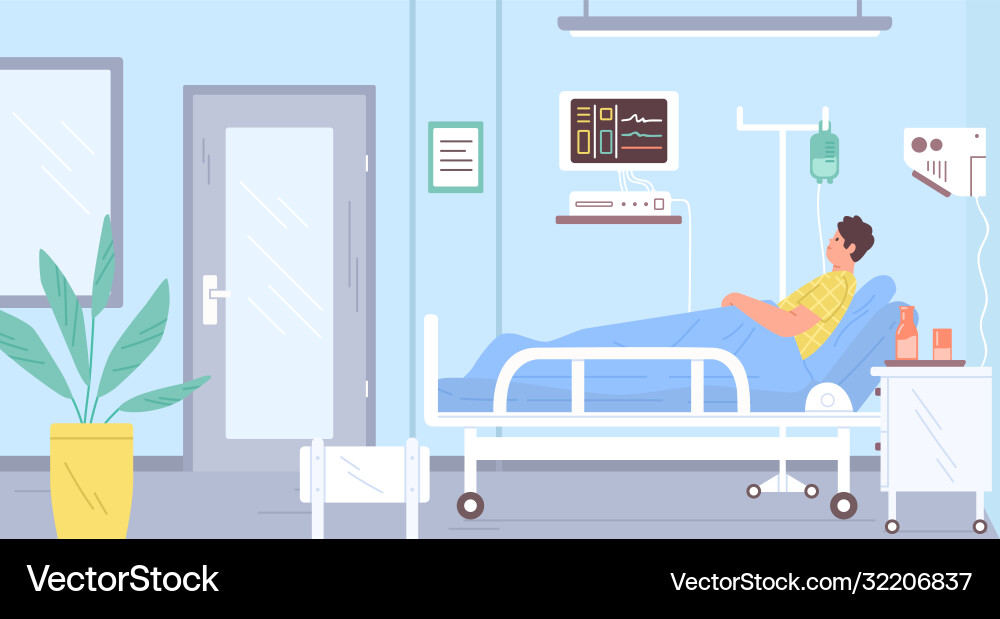 Male patient lying on bed at modern intensive Vector Image