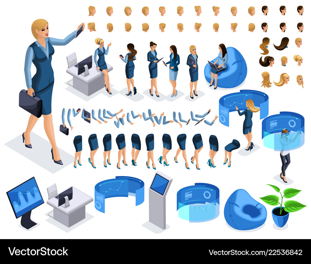 Isometric set business character with gadgets Vector Image