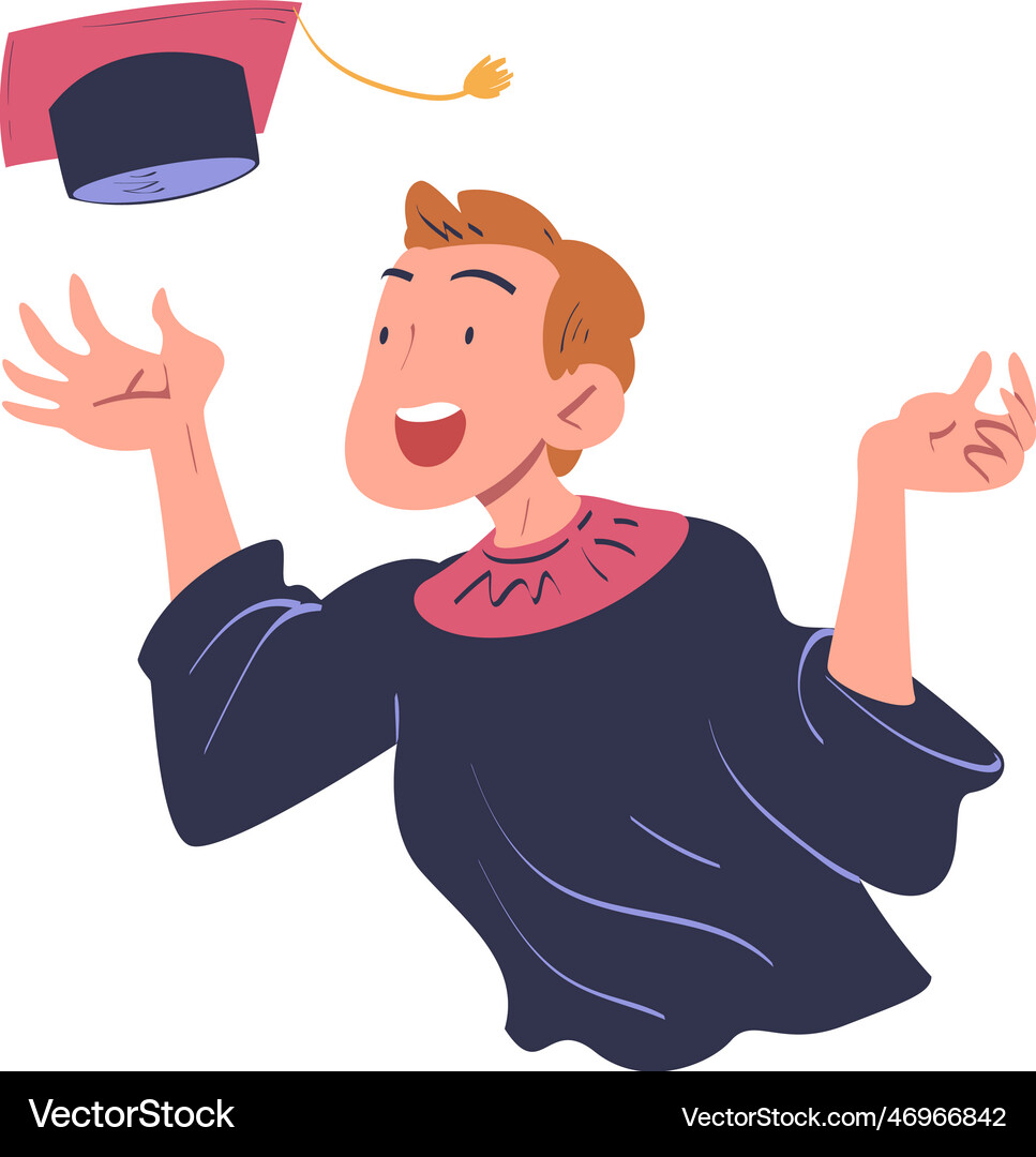 Joyful man graduate character throwing academic Vector Image