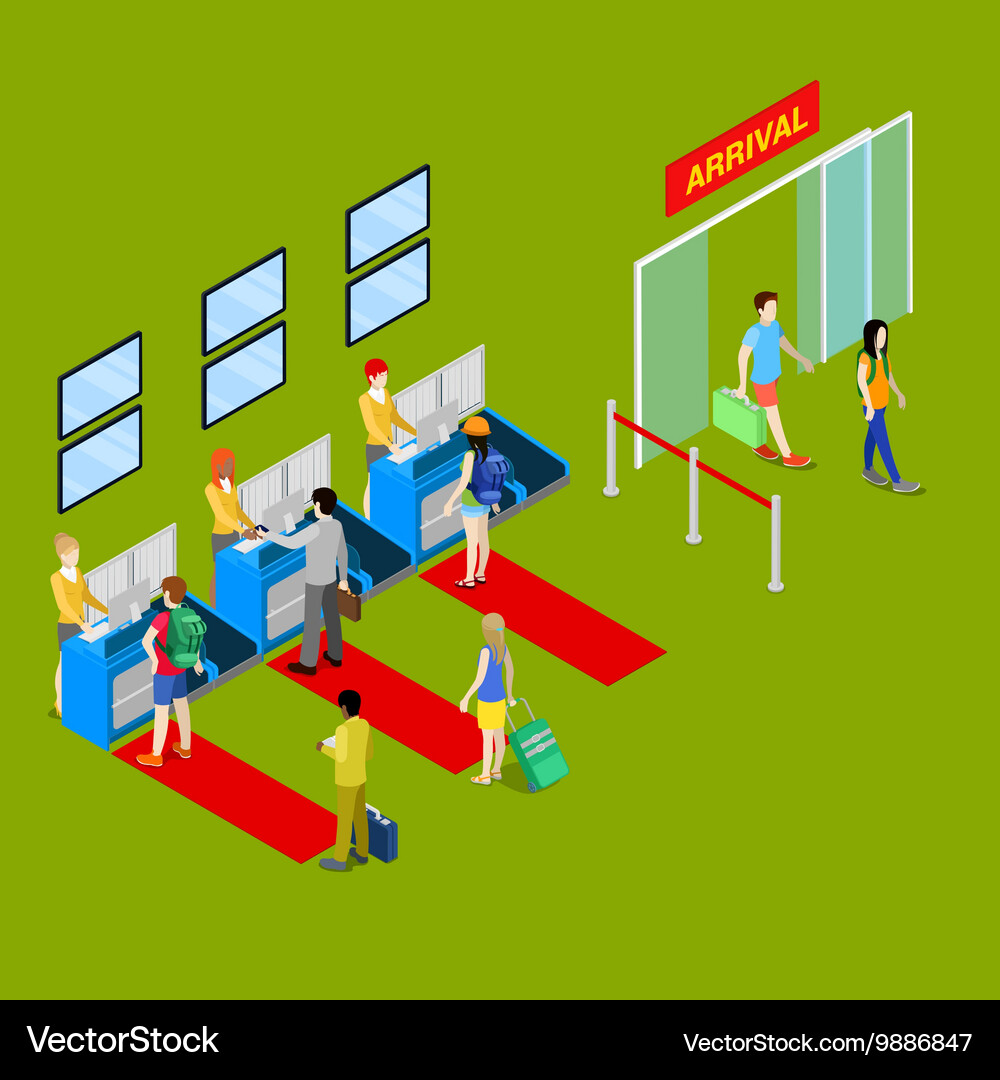 Airport Check-in Point with Isometric People Vector Image