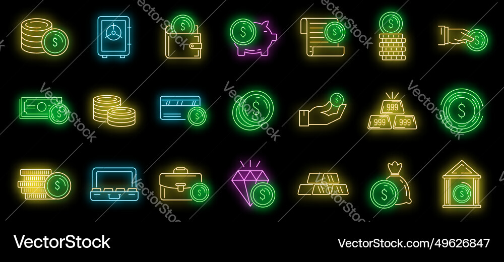 Bank metals icons set neon Royalty Free Vector Image