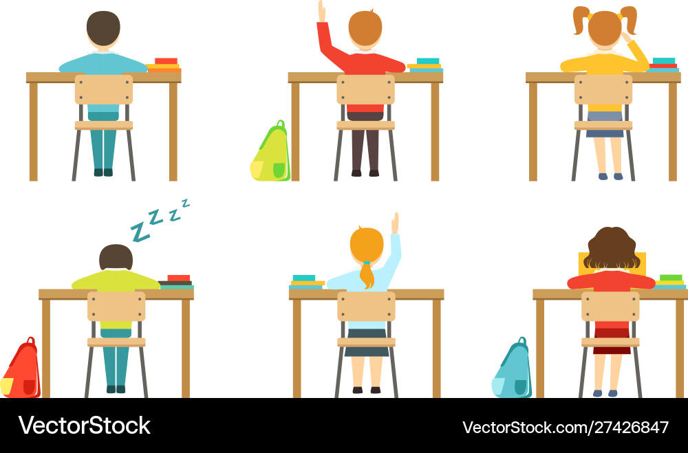 Schools pupils sitting at desks classroom view Vector Image
