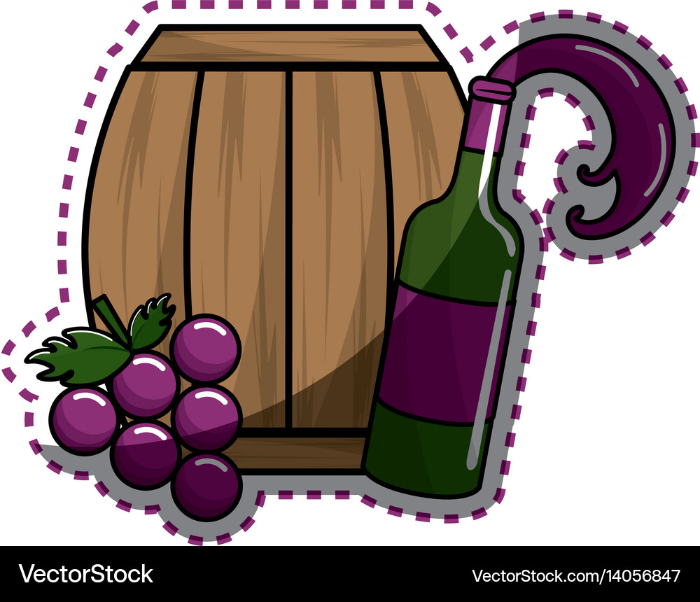 Sticker bottle splashing wine barrel and grape Vector Image