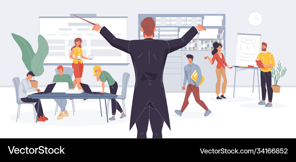 Businessman conductor manage office work metaphor Vector Image