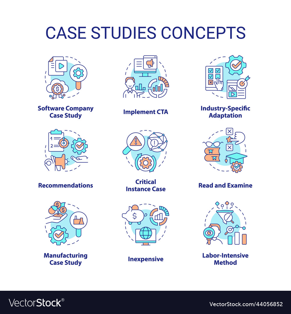 Case studies concept icons set Royalty Free Vector Image Case studies concept icons set Royalty Free Vector Image