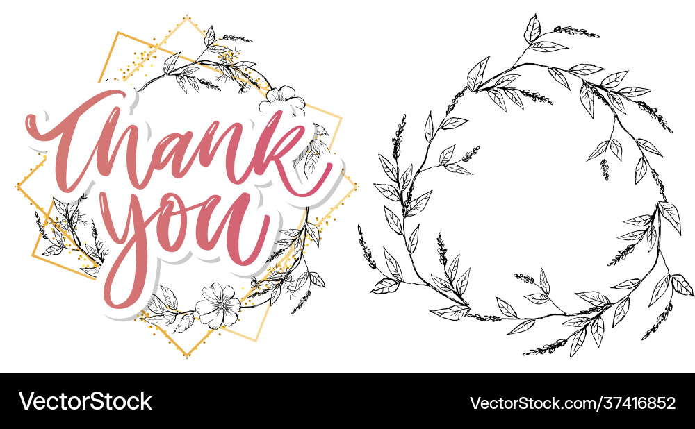 Cute thank you script card flowers letter text Vector Image