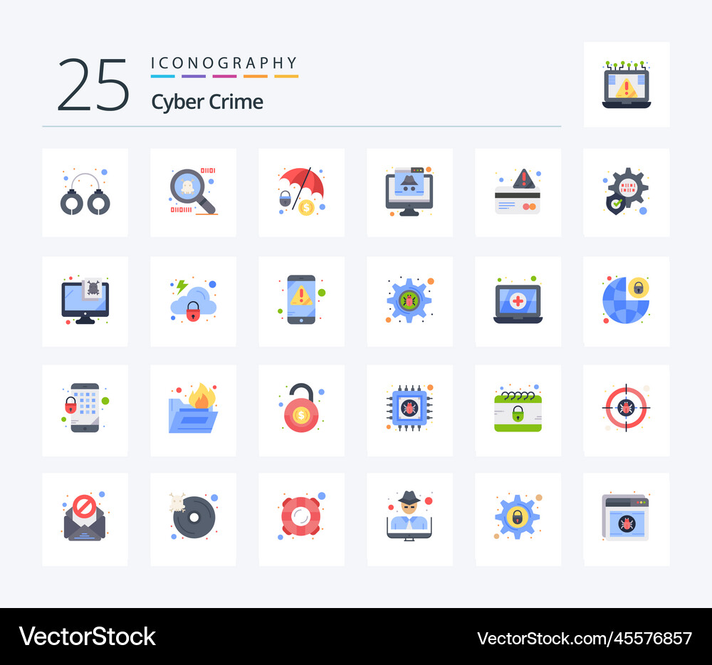 Cyber crime 25 flat color icon pack including Vector Image