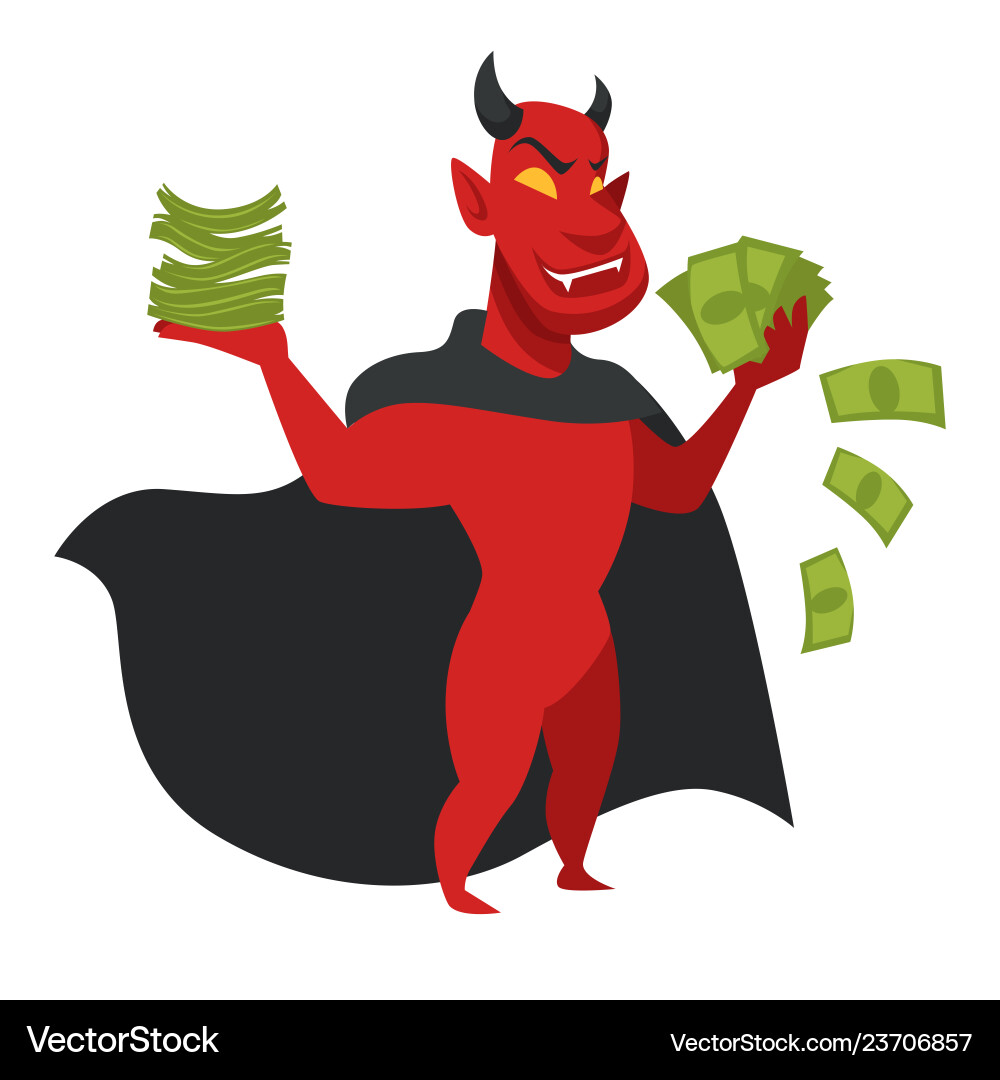 Devil with money in black cloak isolated character