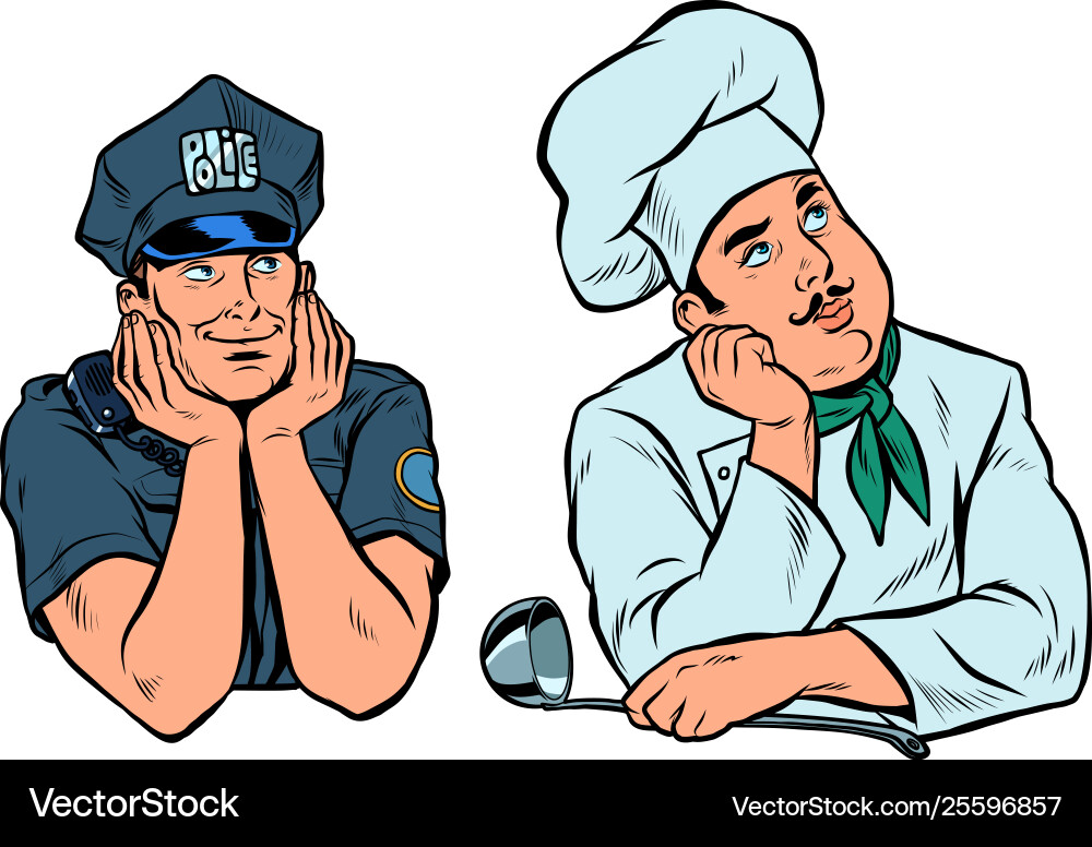 Dreaming man policeman and cook set Royalty Free Vector