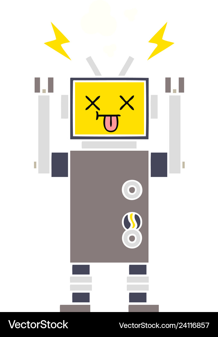 Flat color retro cartoon malfunctioning robot Vector Image