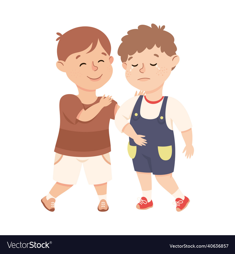 Little boy supporting and comforting crying friend