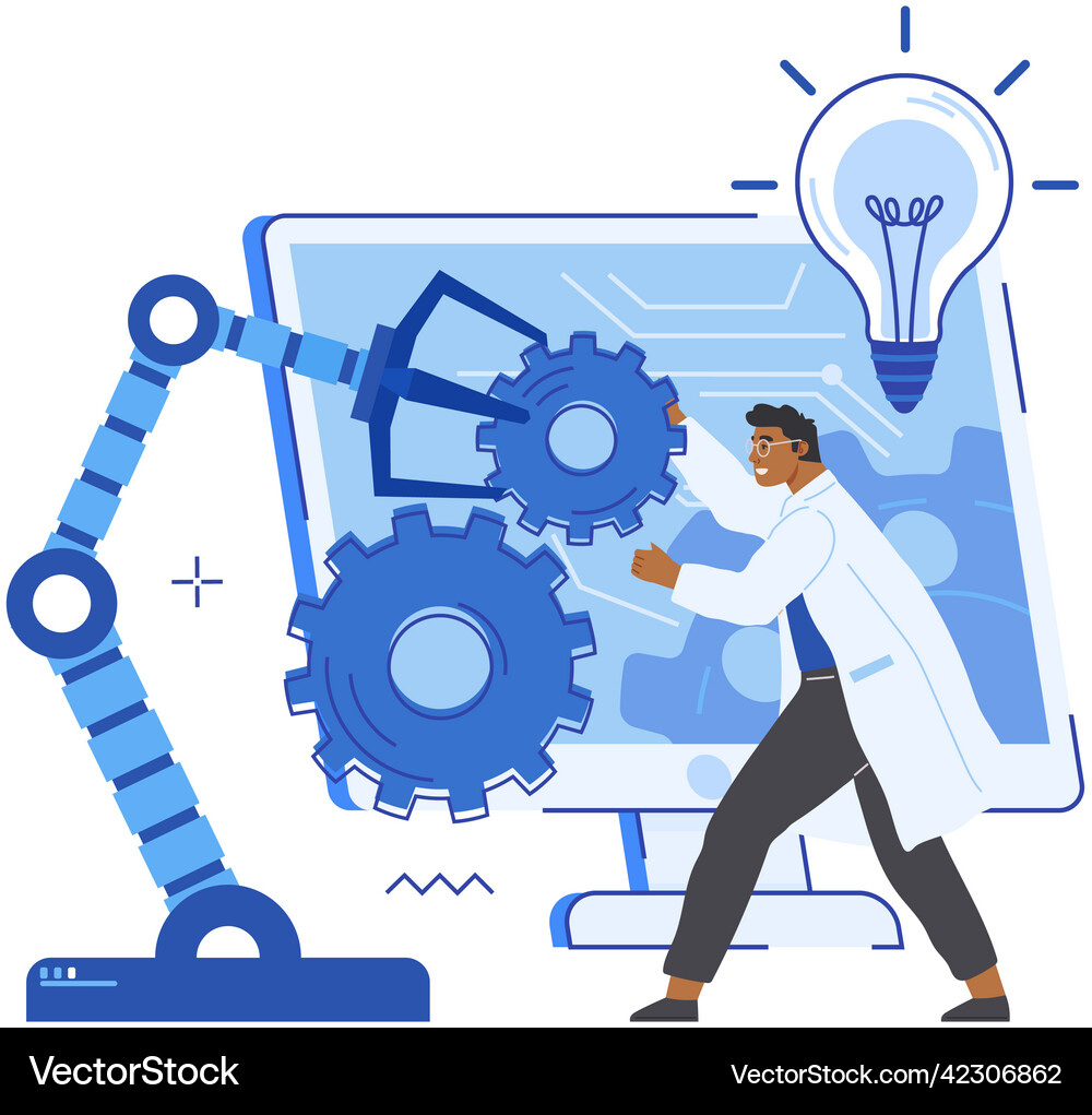 Scientist conducts research with mechanical arm Vector Image