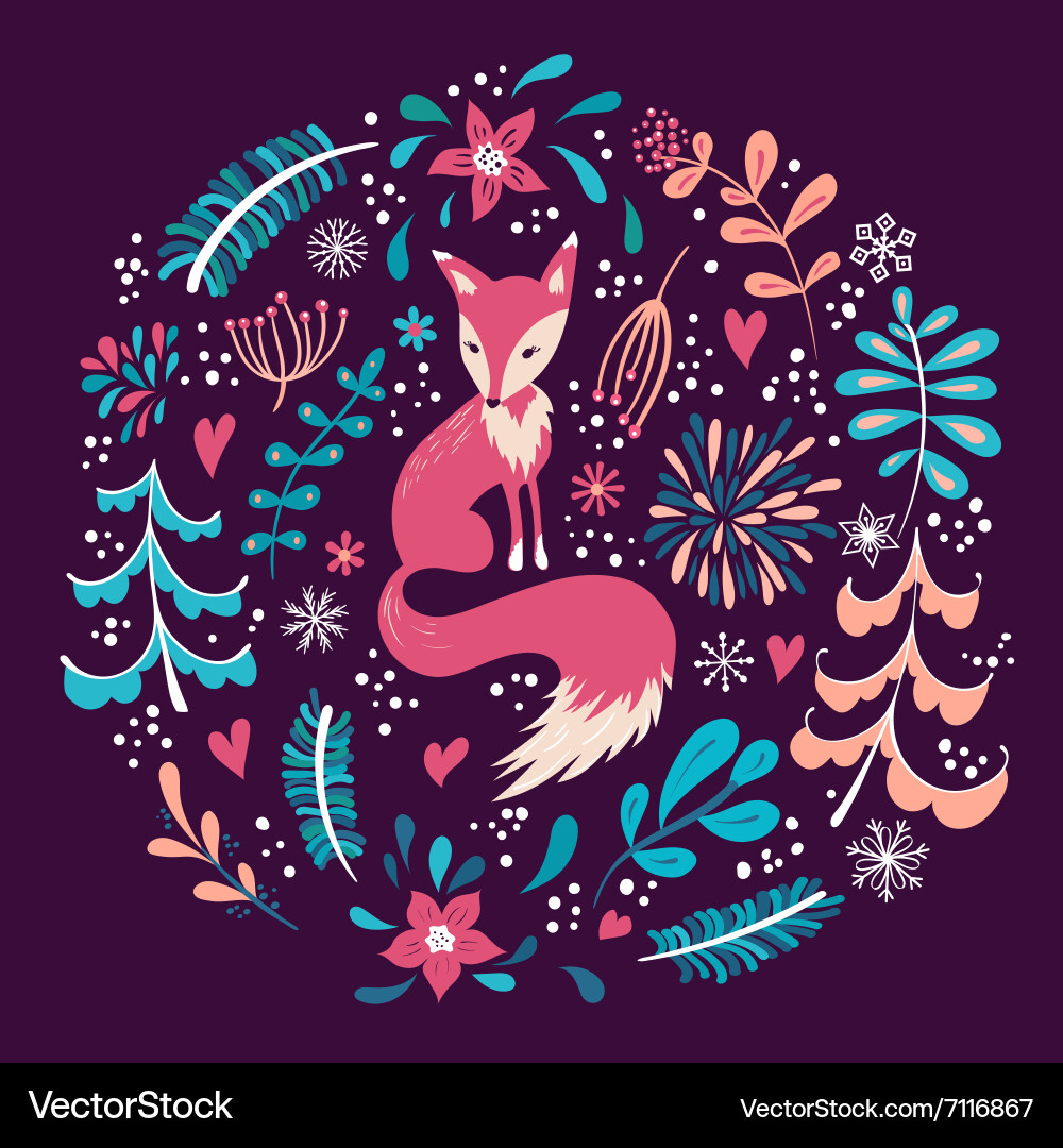 Fox with winter flowers and snowflakes Royalty Free Vector