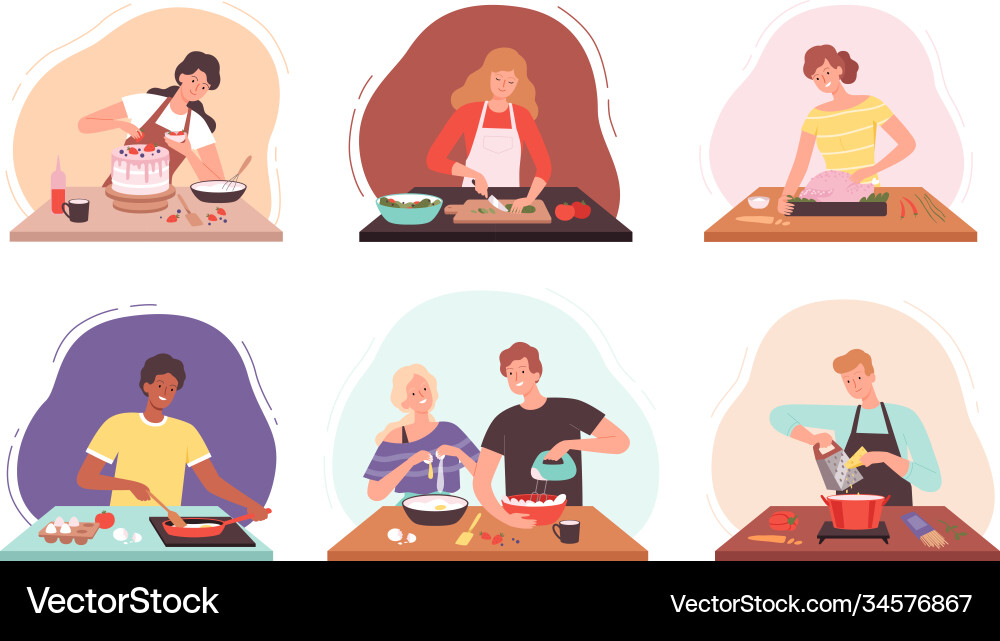 Preparing food characters cooking in kitchen Vector Image
