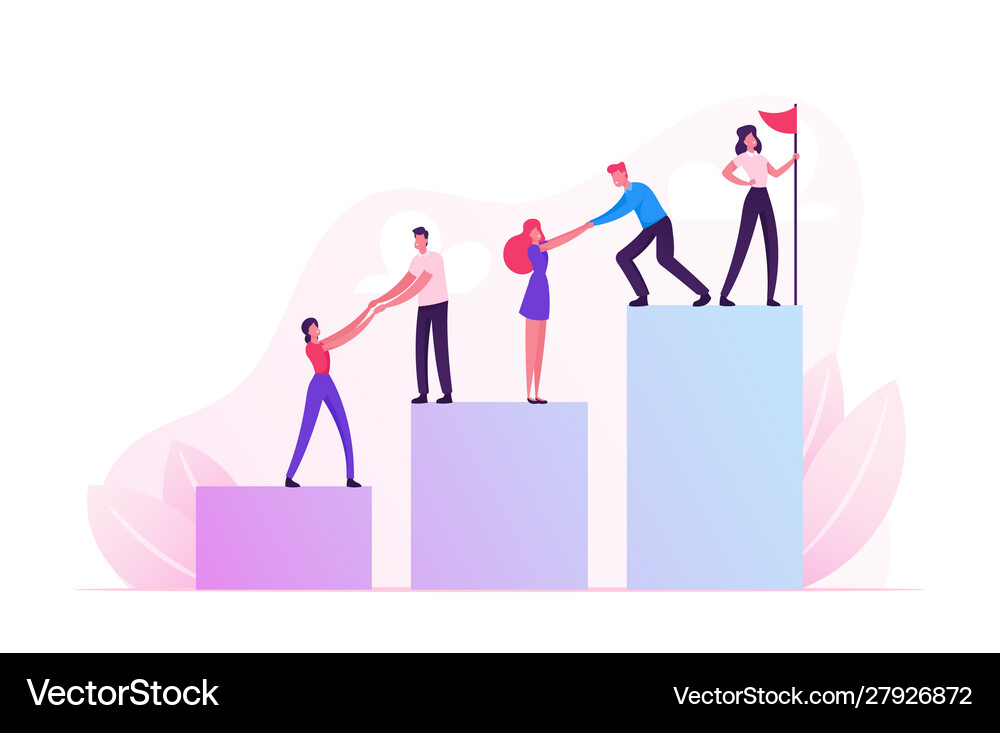 Business team climbing up column chart with leader