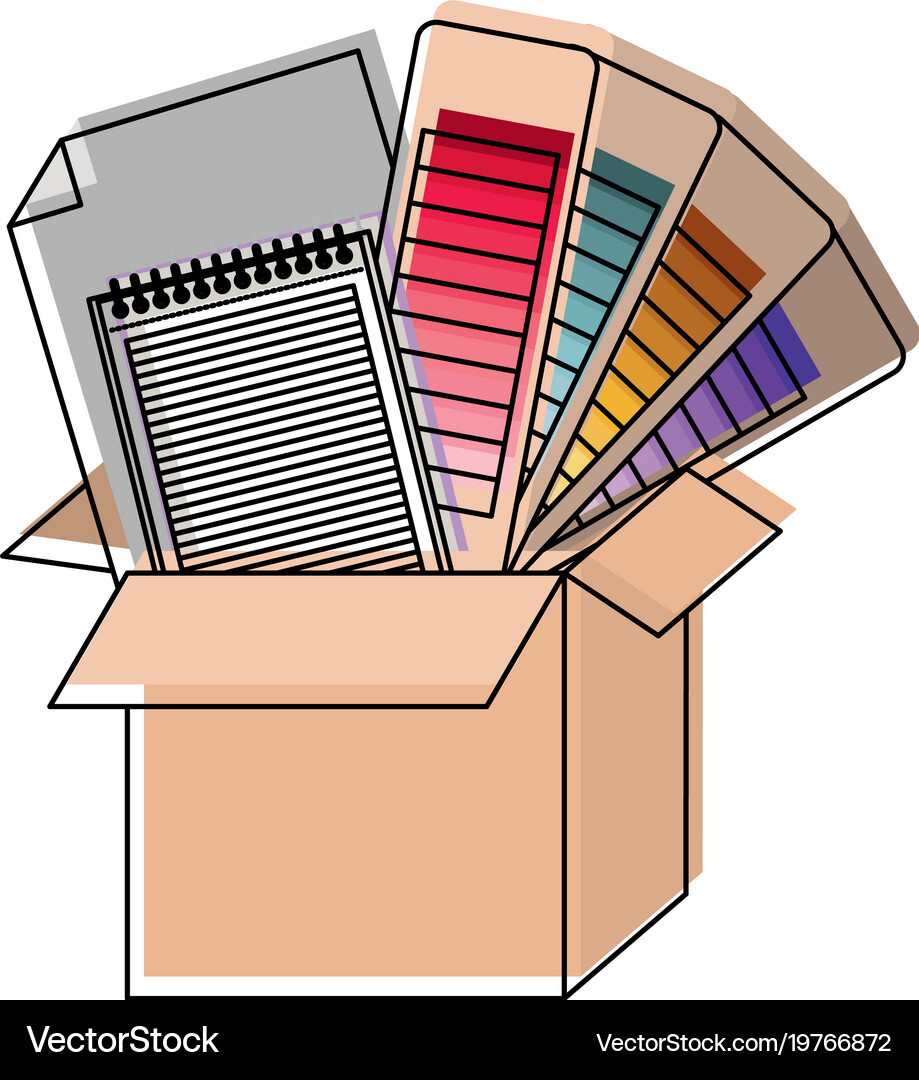 Cardboard box and color palette guide and notebook