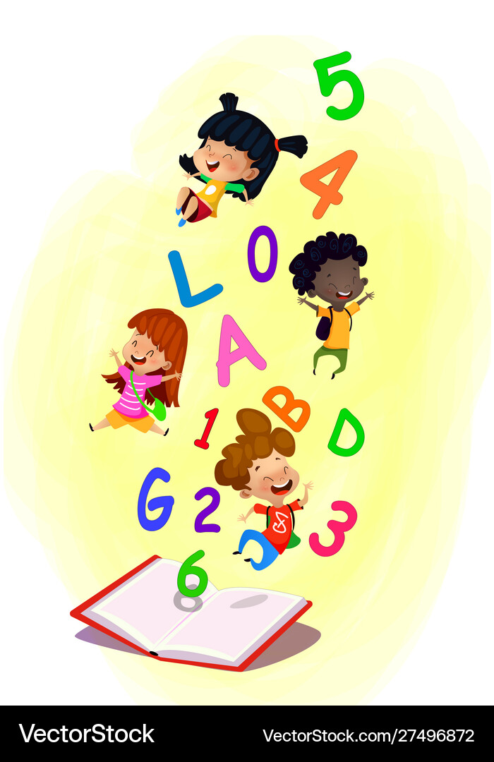 Cartoon kids jumping over open book Royalty Free Vector